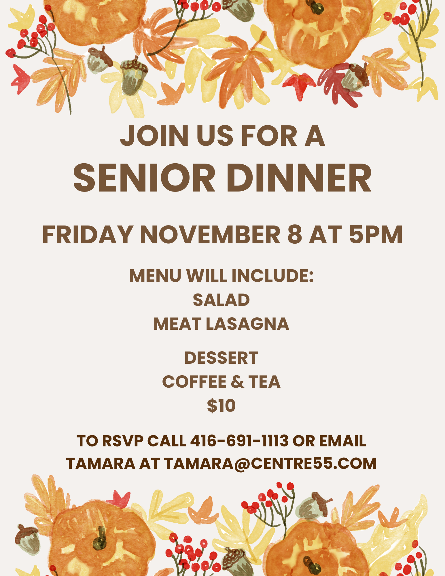 Seniors Dinner – November 8 - Community Centre 55